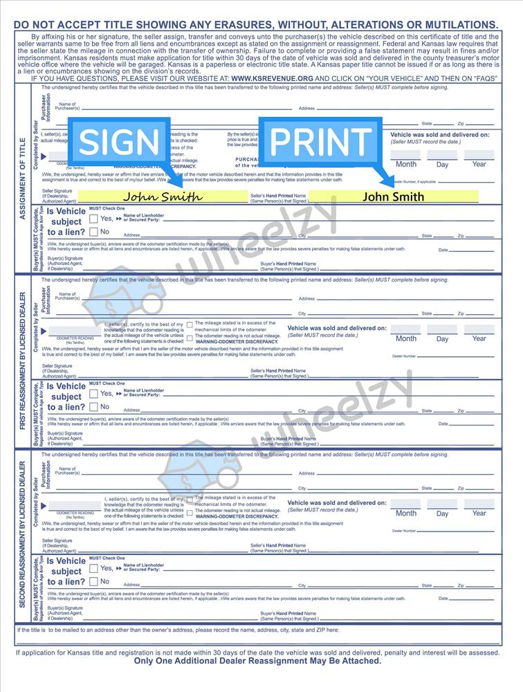 How to Sign Your Car Title in Kansas. Including DMV Title Sample Picture
